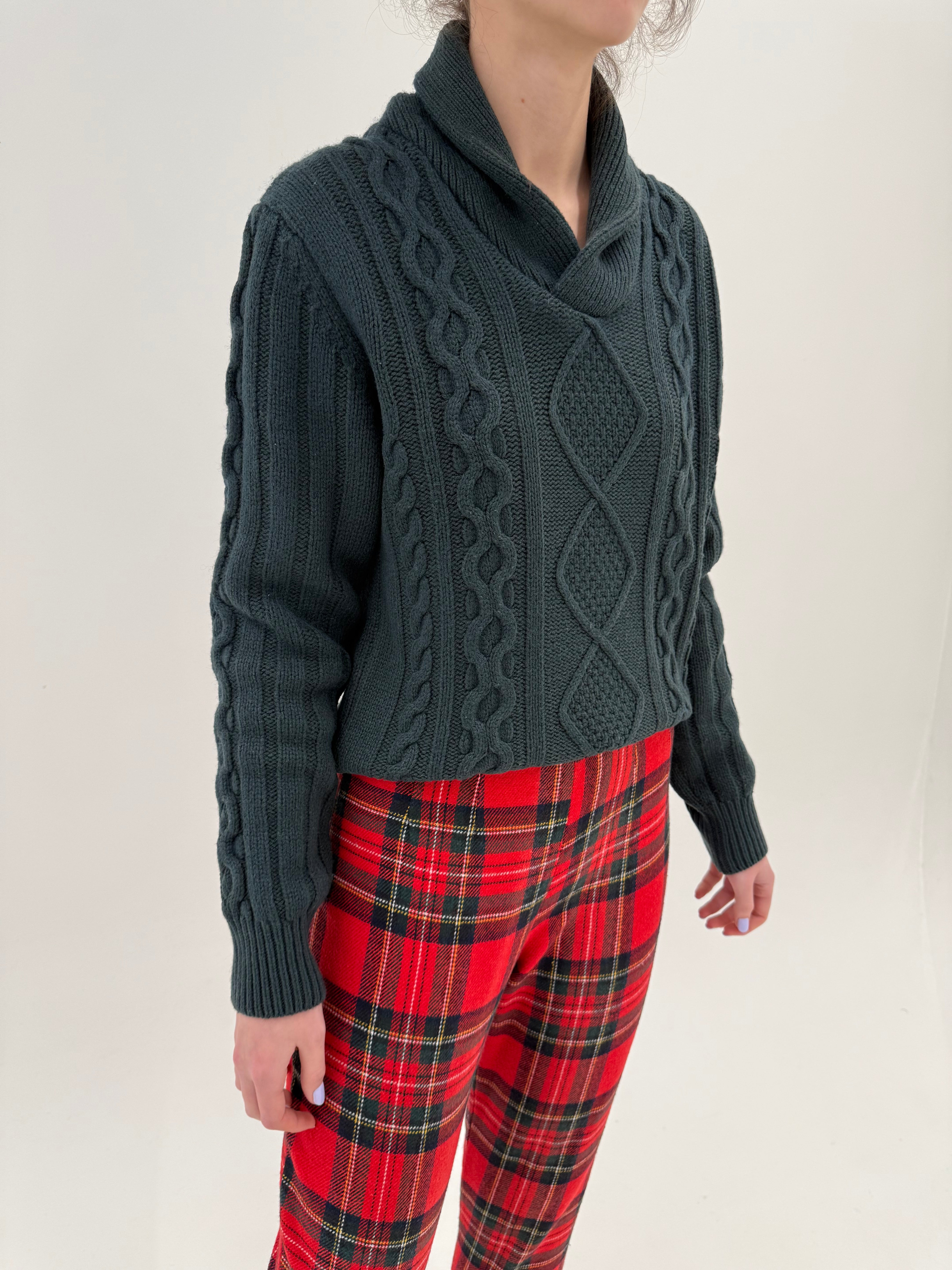 Pulover super gros dark pine green cu torsade din lana merino extrafin ...