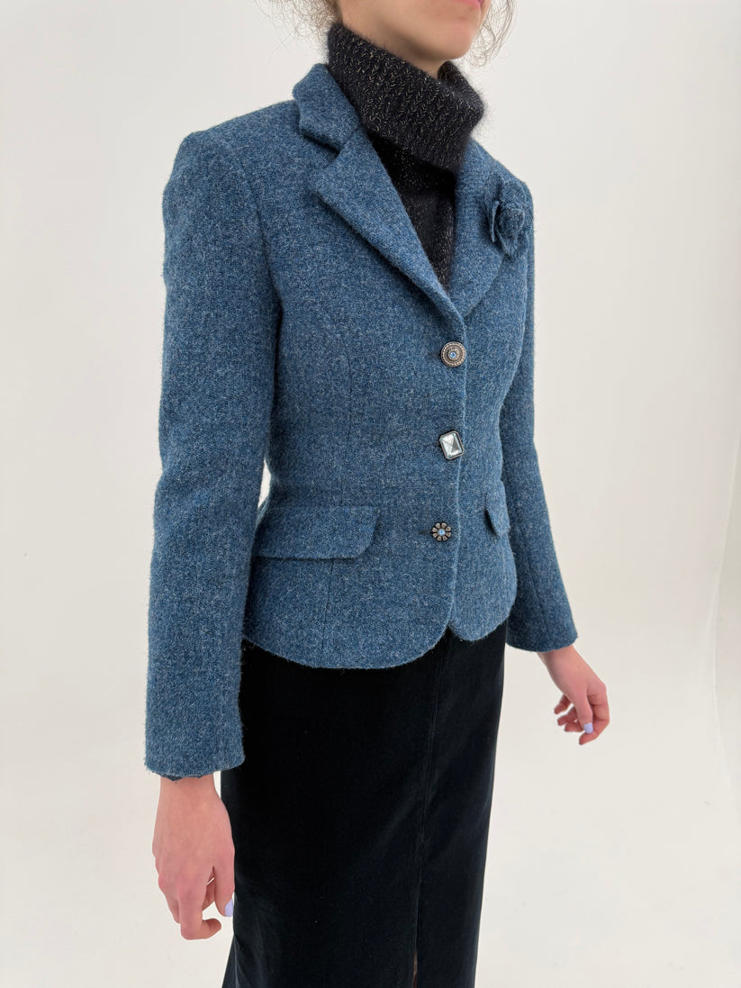 Sacou italian cambrat de brand premium din tweed gros jeans blue – ADORA